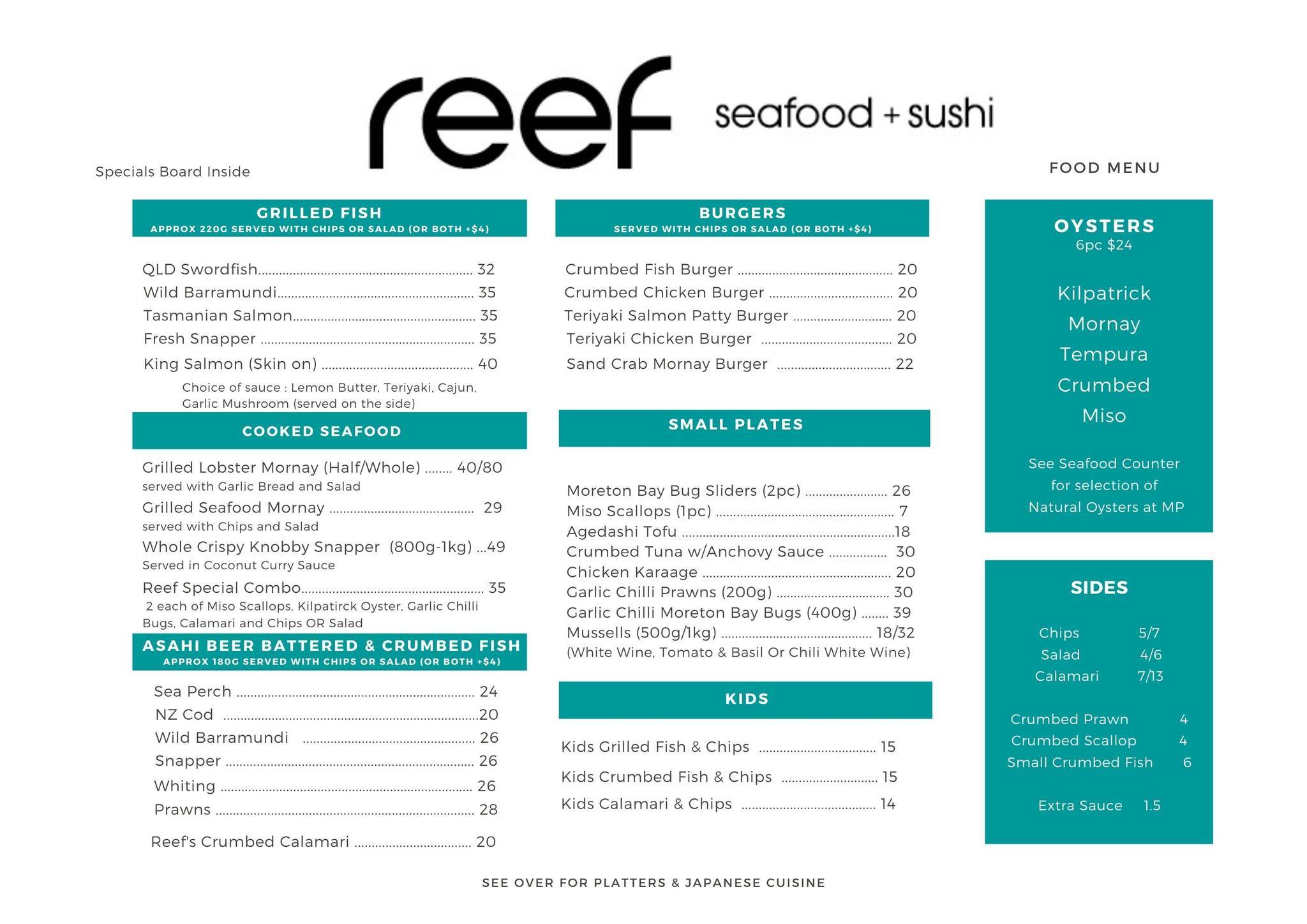 Menu at Reef Seafood & Sushi Brisbane restaurant, Newstead