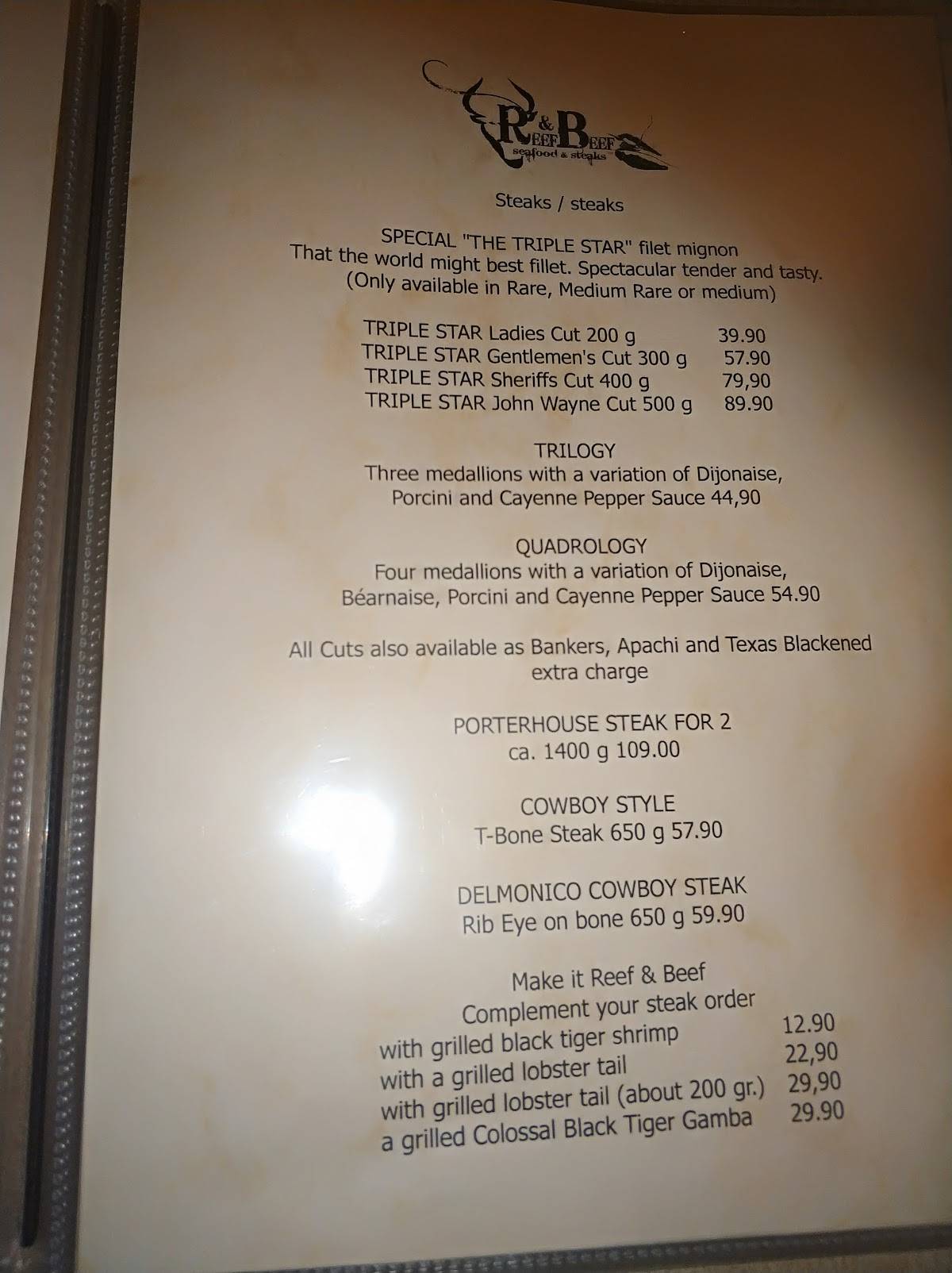 Speisekarte von Reef and Beef Düsseldorf steakhaus, Düsseldorf
