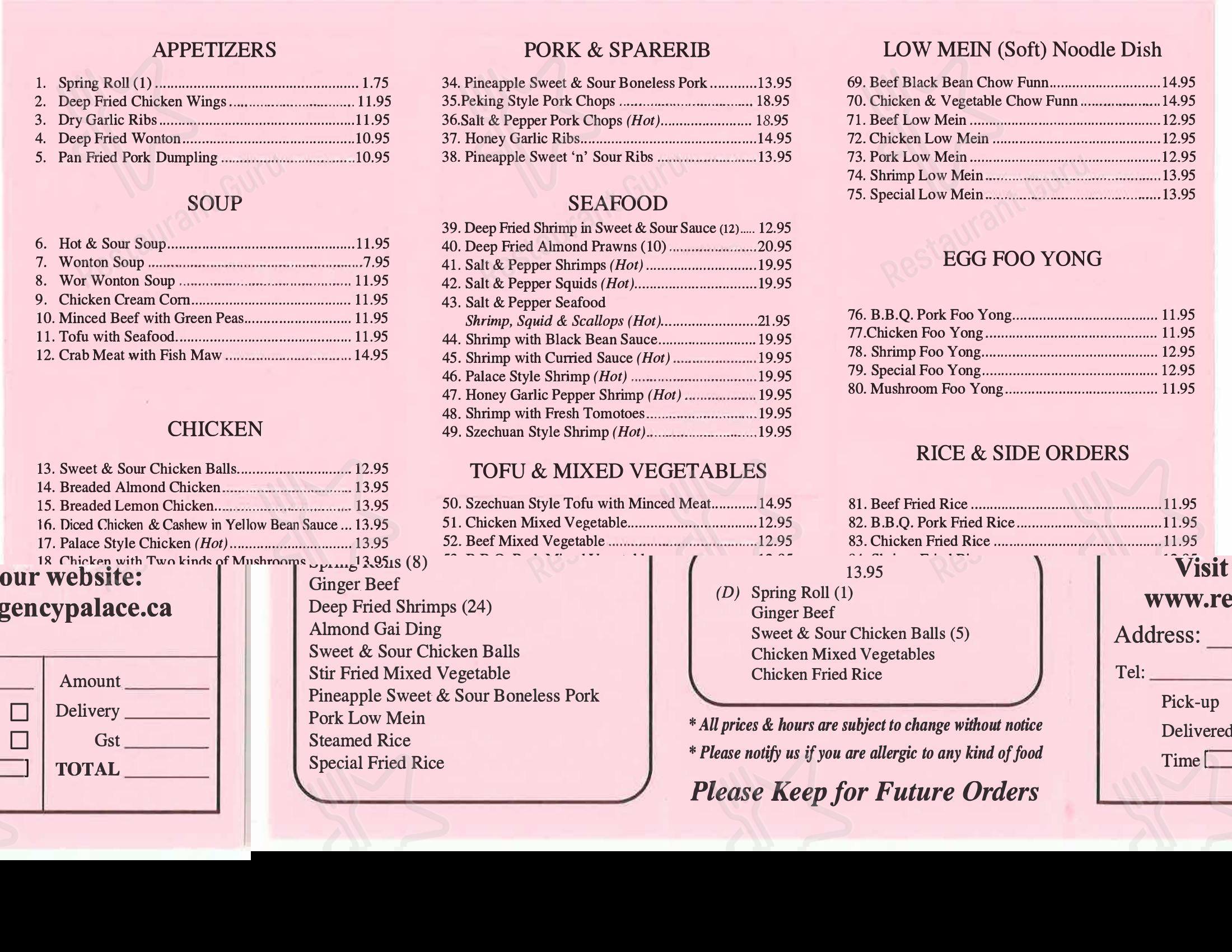 Menu at Regency Palace Family Restaurant, Regina