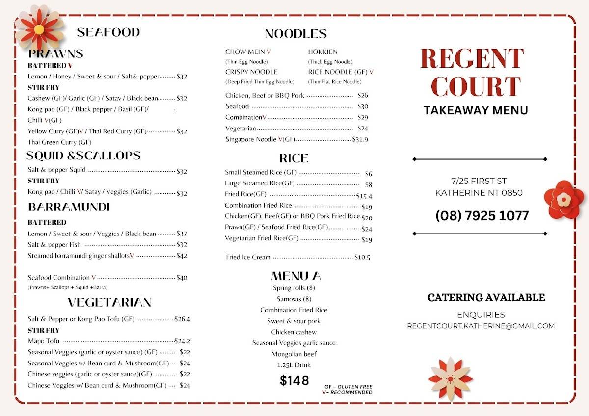 Menu at Regent Court Chinese Restaurant, Katherine
