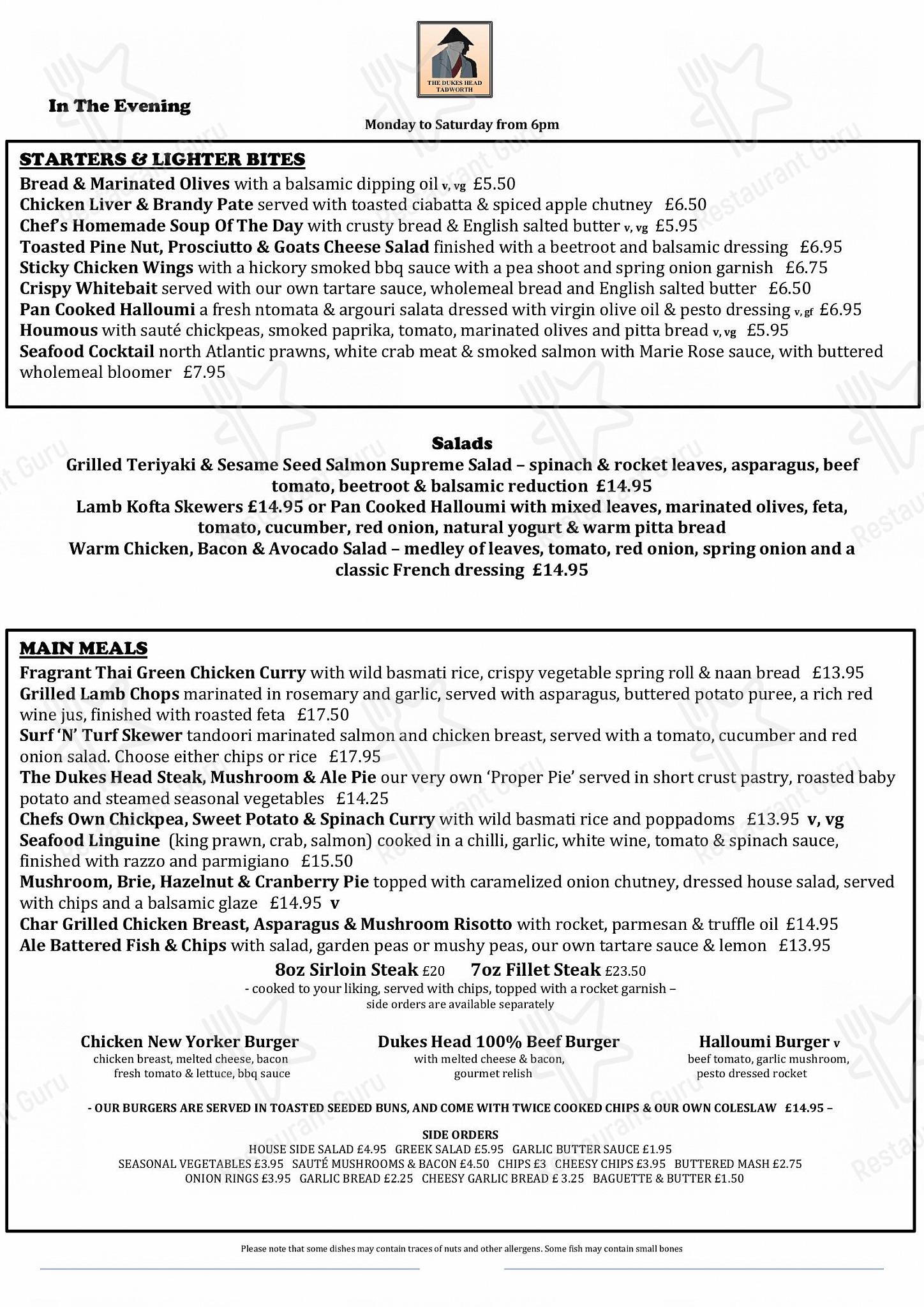 Menu at The Duke's Head pub & bar, Tadworth, Dorking Rd