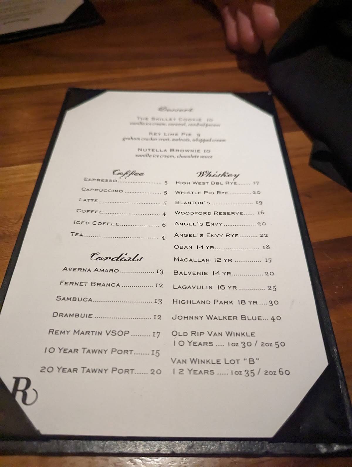Menu at Remington's steakhouse, Chicago