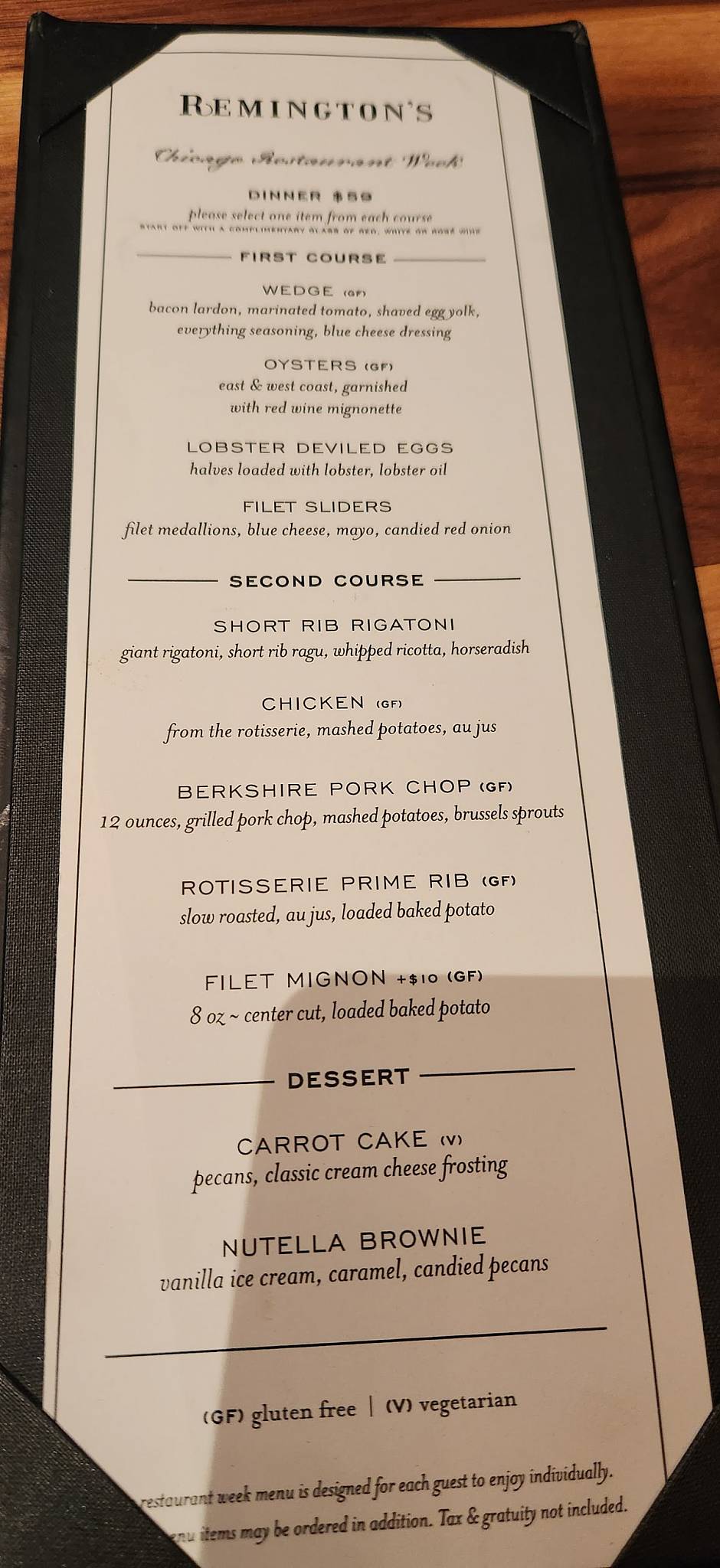 Menu at Remington's steakhouse, Chicago