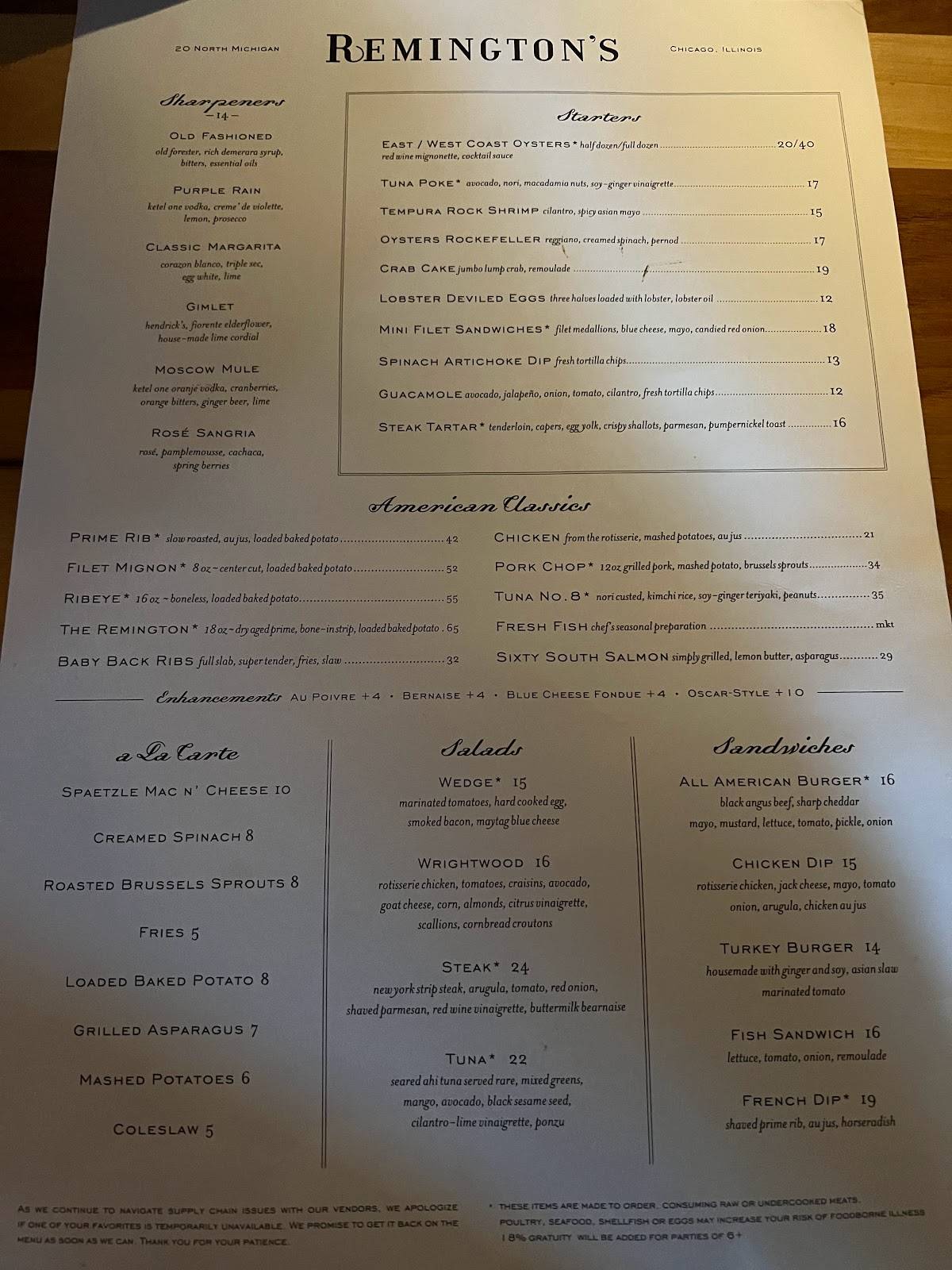 Menu at Remington's steakhouse, Chicago