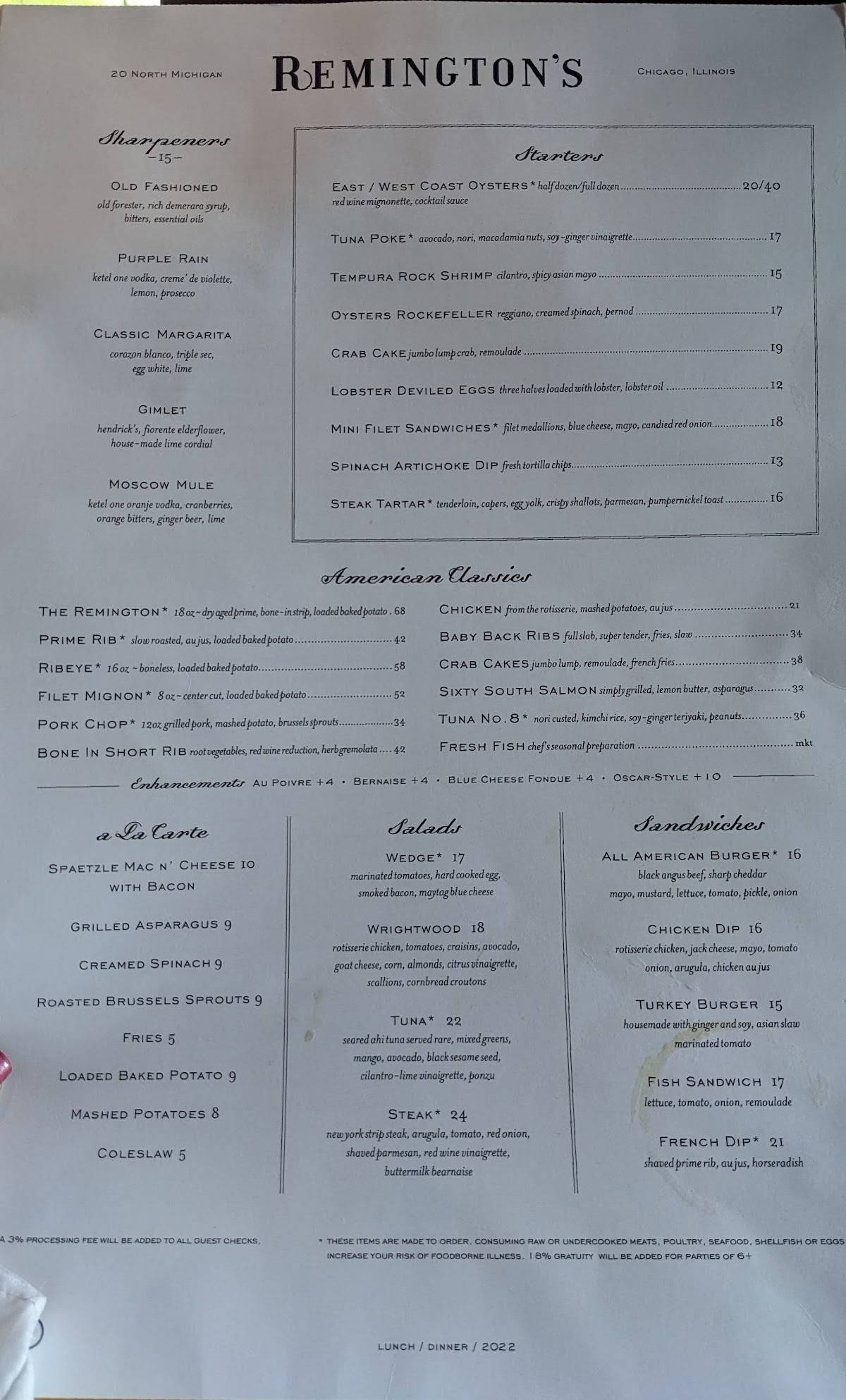 Menu at Remington's steakhouse, Chicago