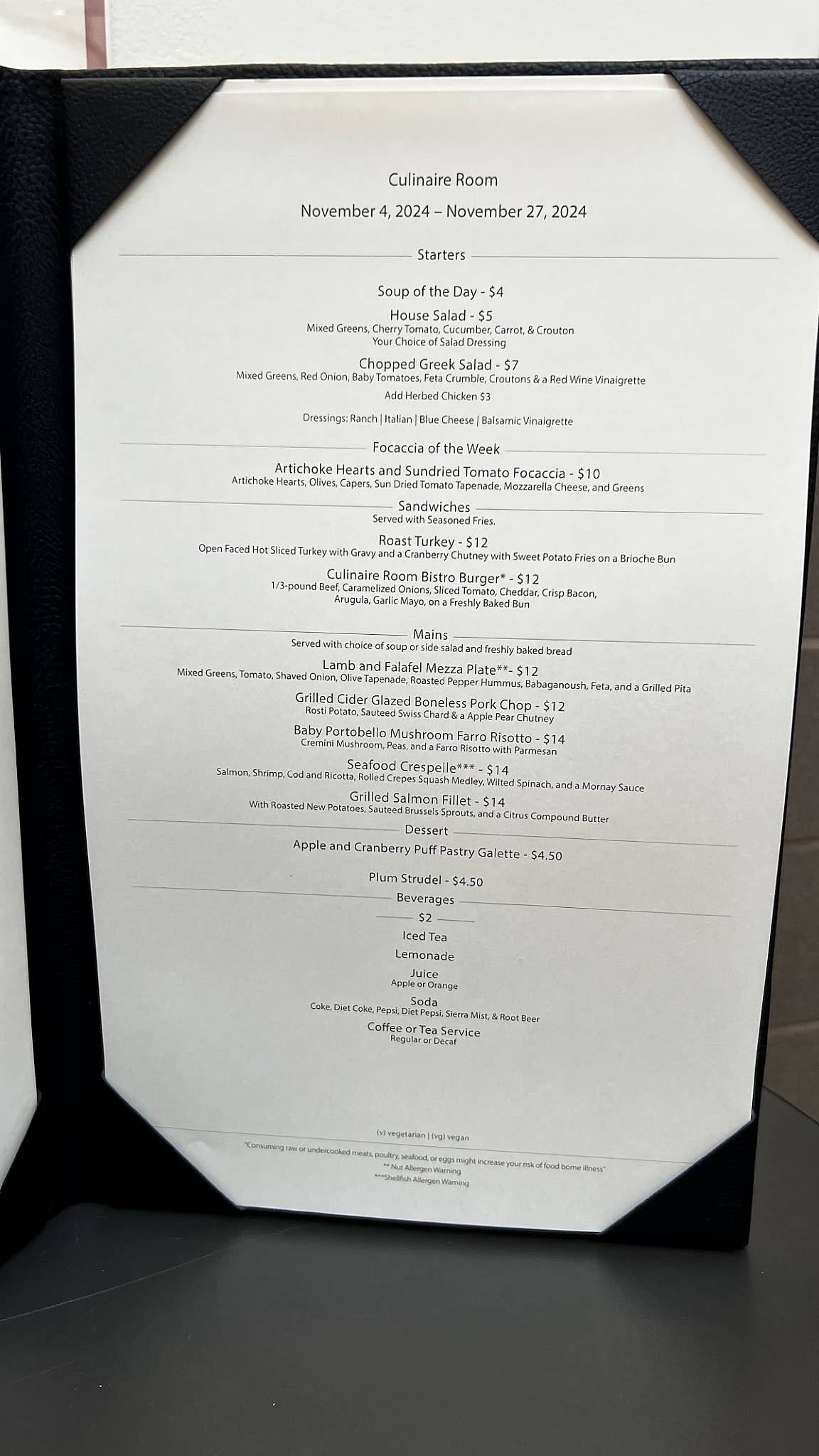 Menu at Renton Technical College Culinaire Room cafeteria, Renton