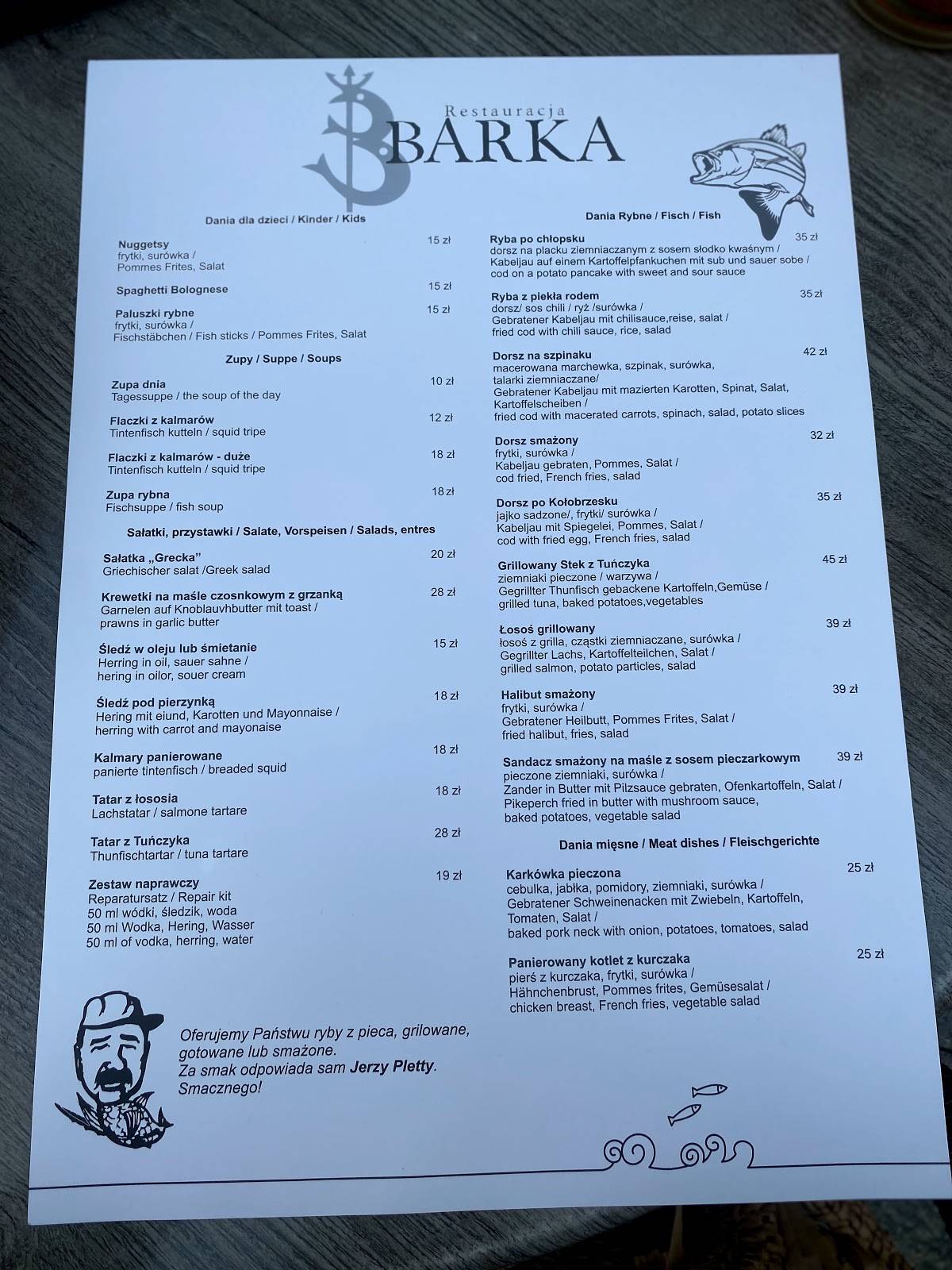 Menu at Restauracja Barka, Kolobrzeg