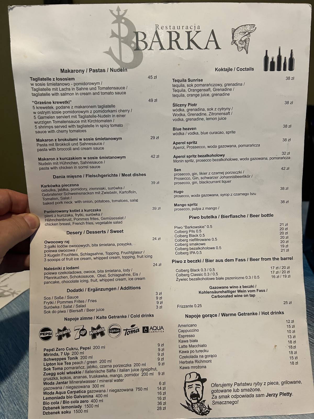 Menu at Restauracja Barka, Kolobrzeg