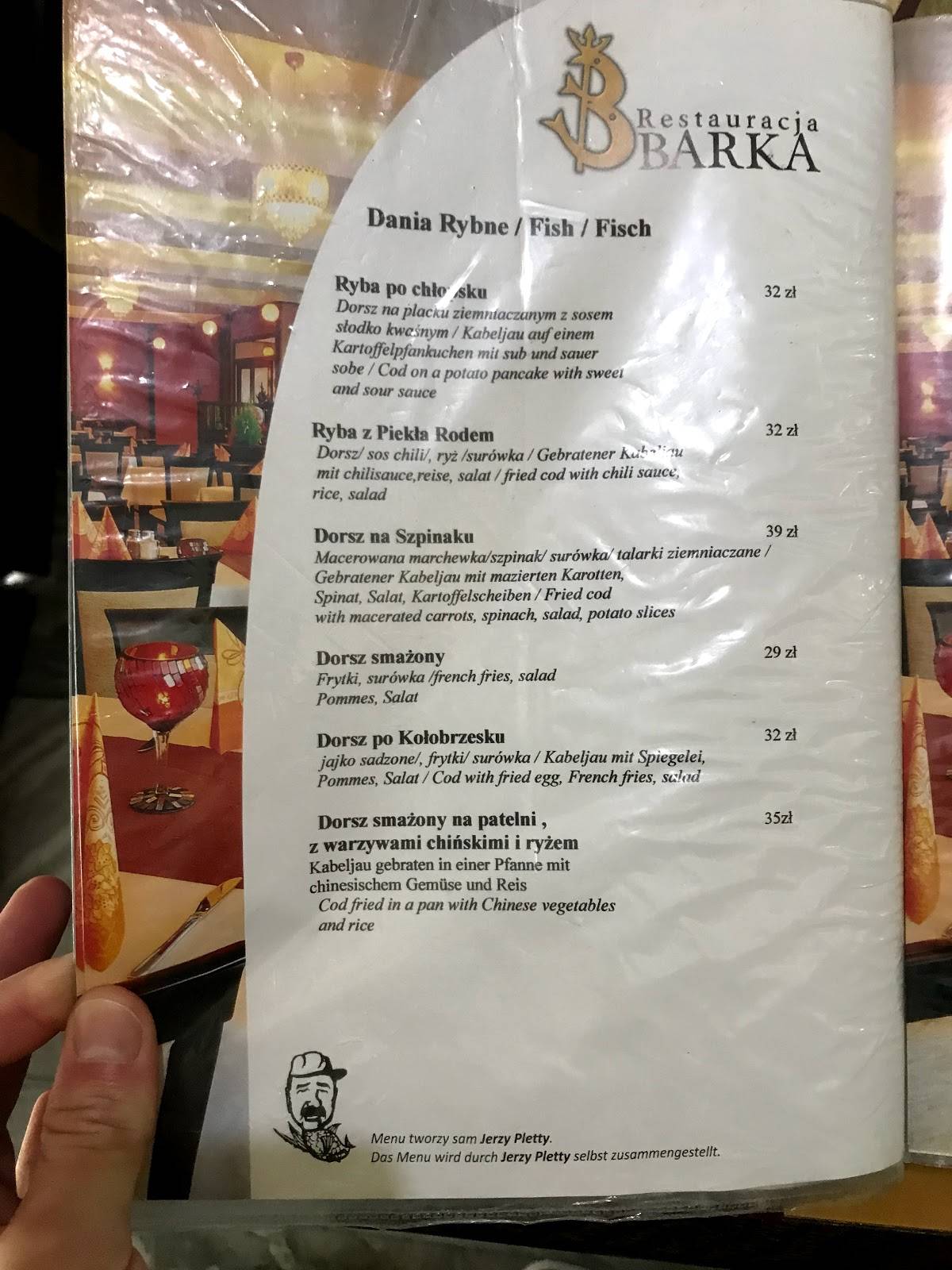 Menu at Restauracja Barka, Kolobrzeg