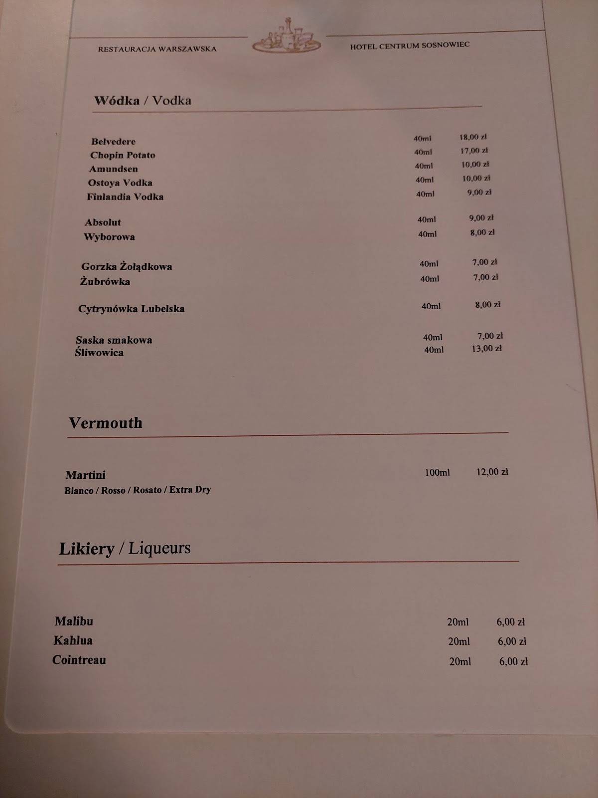 Menu at Restauracja Warszawska restaurant, Sosnowiec