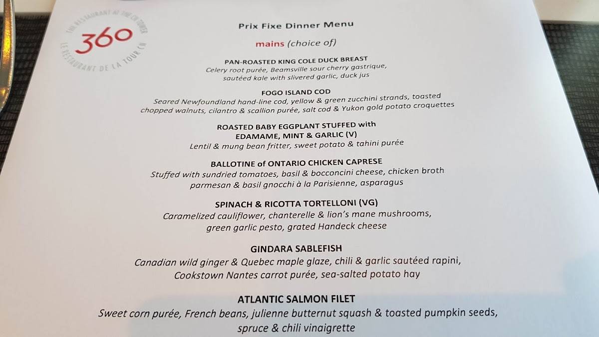Menu at 360 The Restaurant at the CN Tower, Toronto