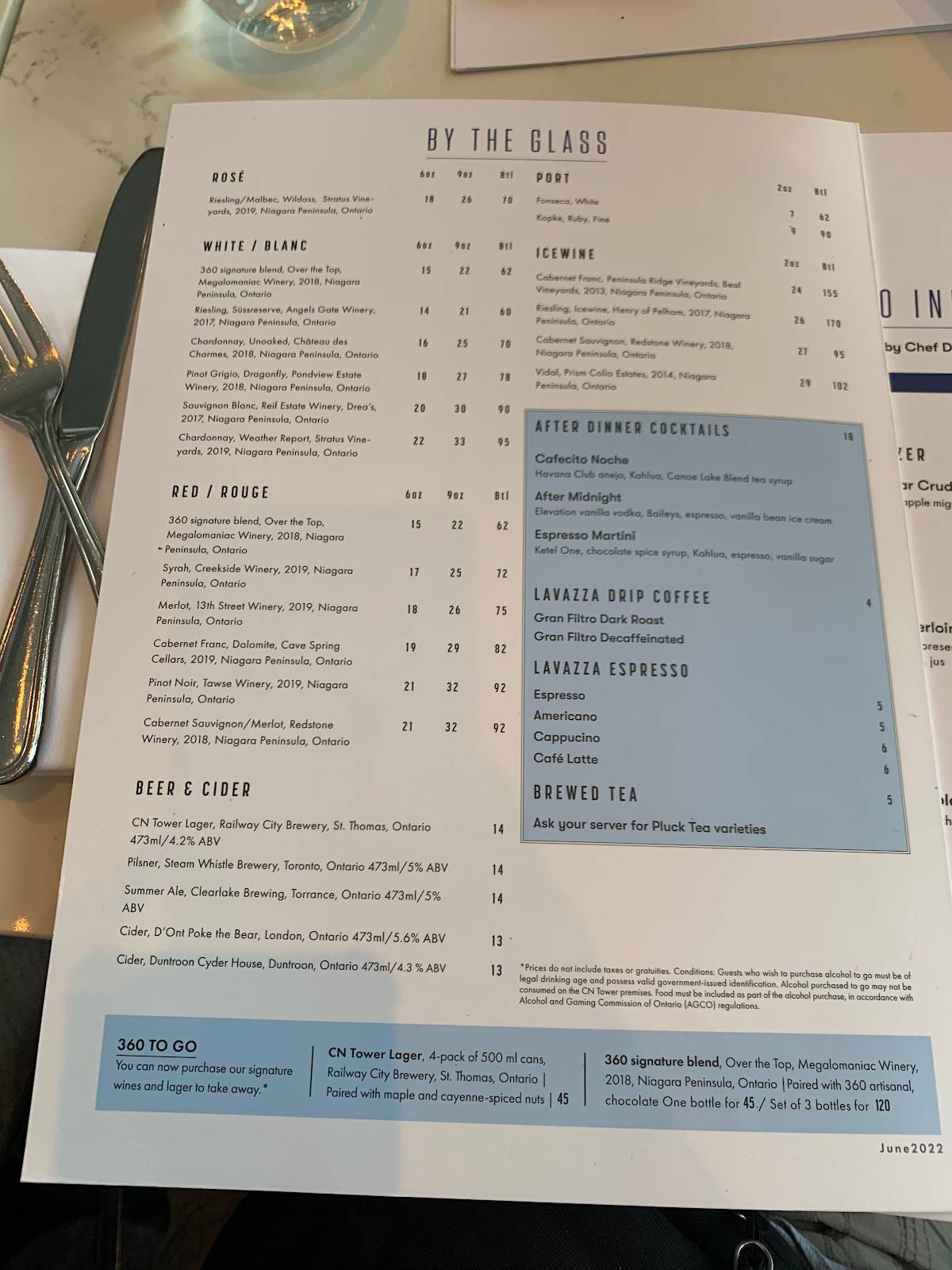 Menu at 360 The Restaurant at the CN Tower, Toronto