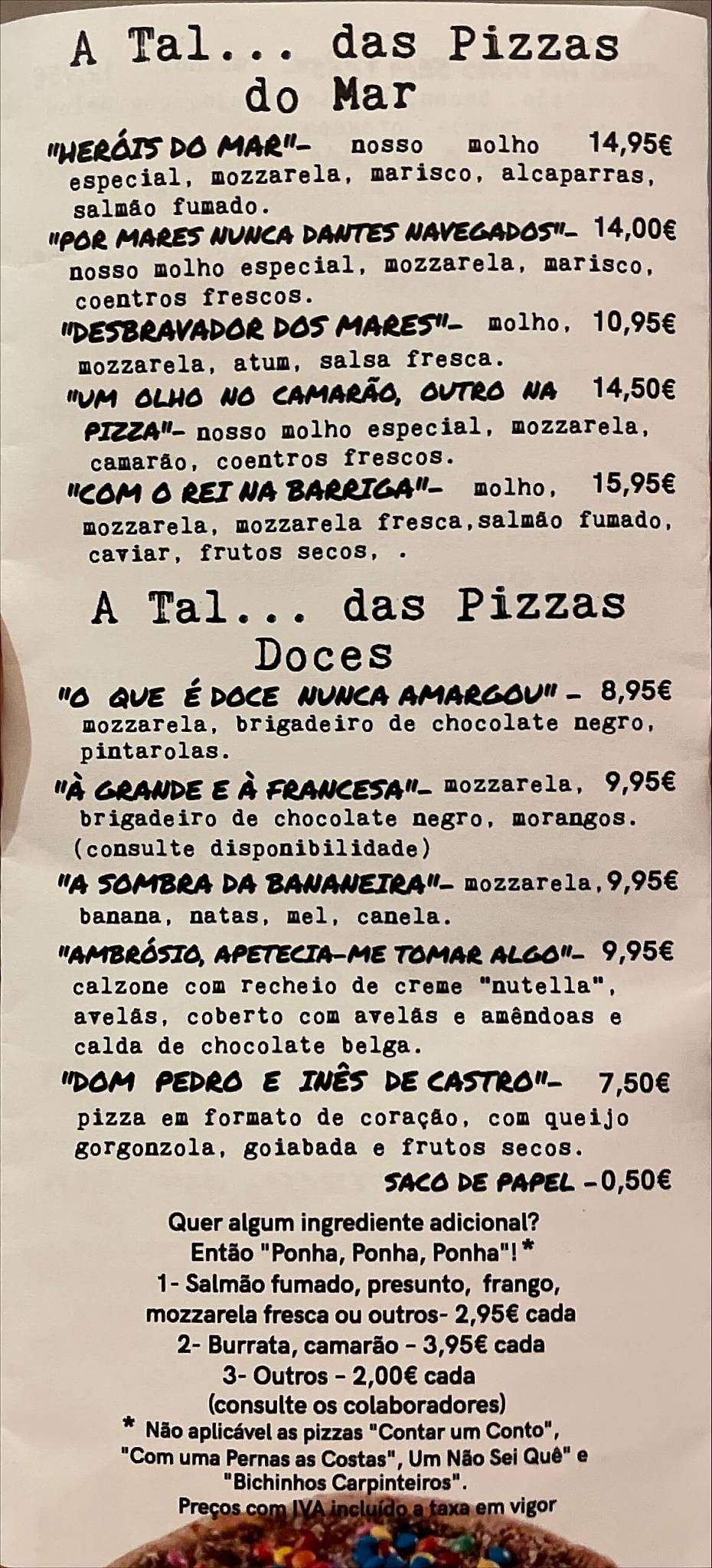Menu at A Tal da Pizza restaurant, São João da Madeira, Rua visconde 1458