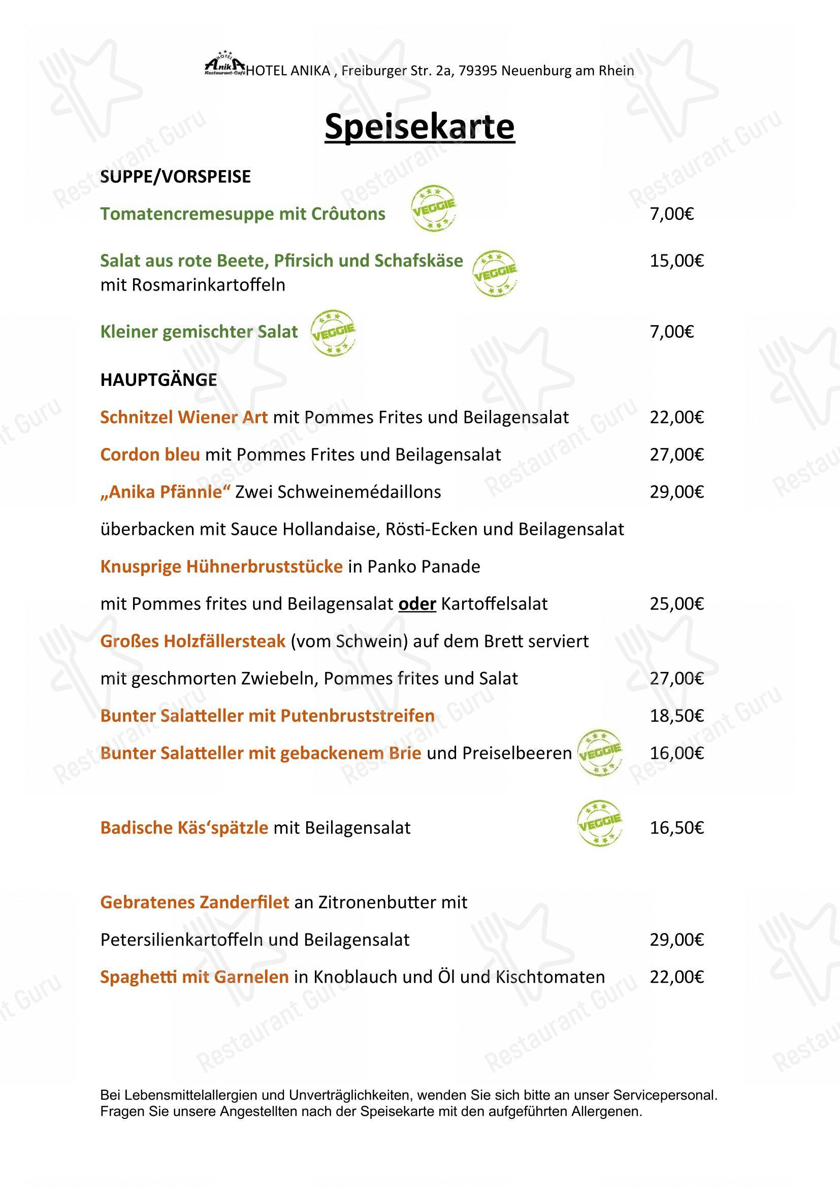 Speisekarte von Restaurant ANIKA, Neuenburg am Rhein