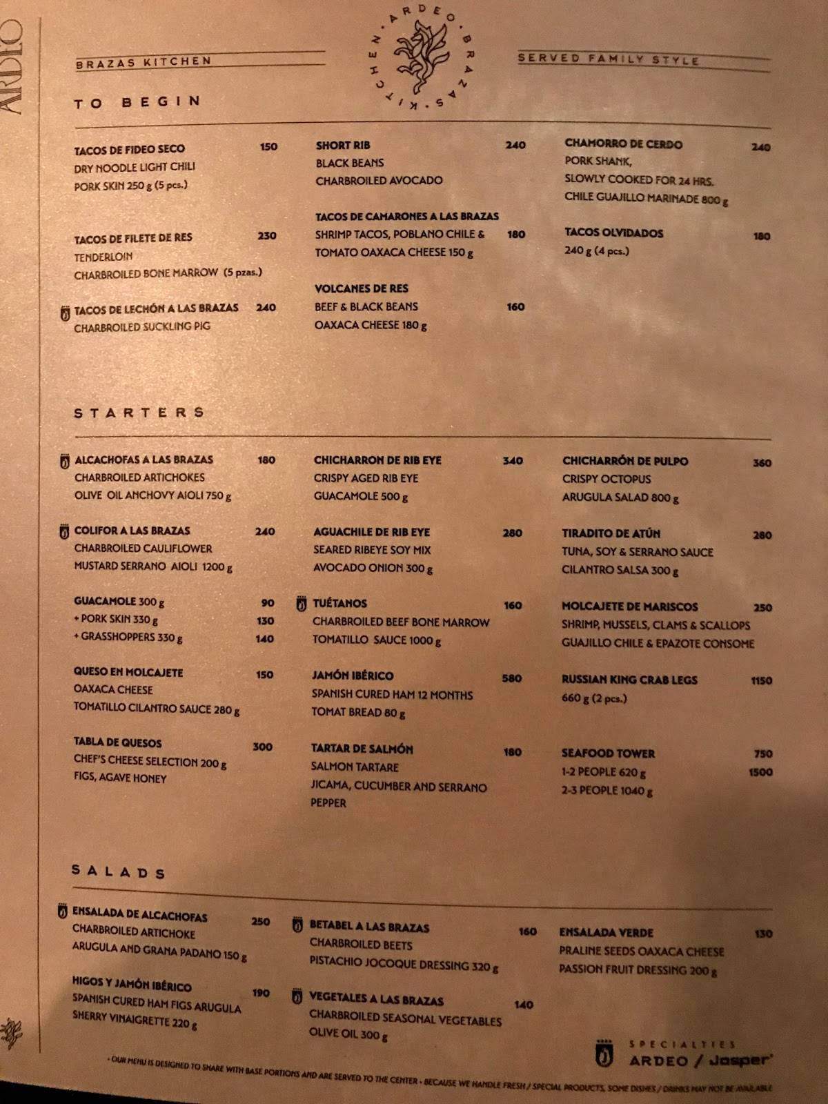 Menu at ARDEO restaurant, Ciudad Juarez