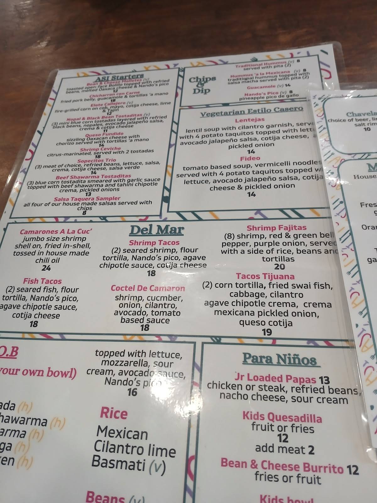 Menu at ASI Mexican Fusion Bistro restaurant, San Jose