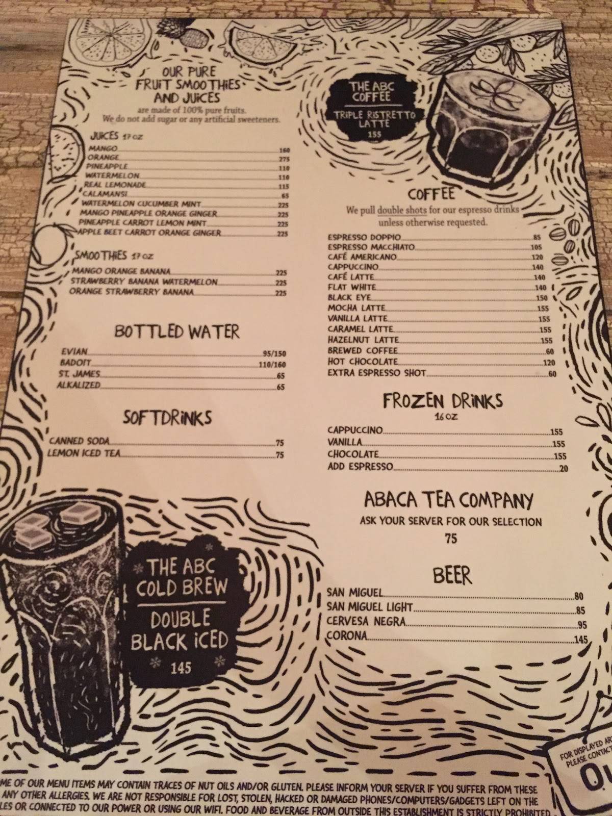 Menu at Abaca Baking Company restaurant, Cebu City, Crossroads