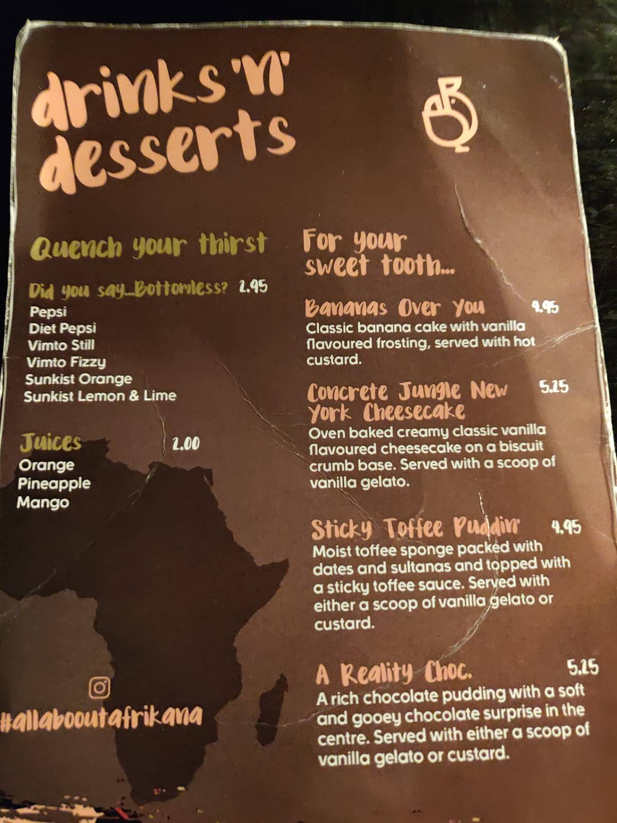 Menu at Afrikana Birmingham restaurant, Birmingham