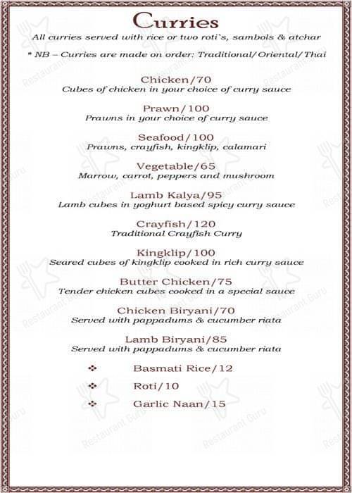 Menu at Alhambra Restaurant, Cape Town
