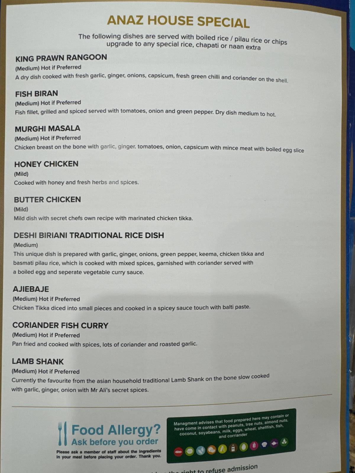 Menu at Anaz restaurant, Darwen, 110