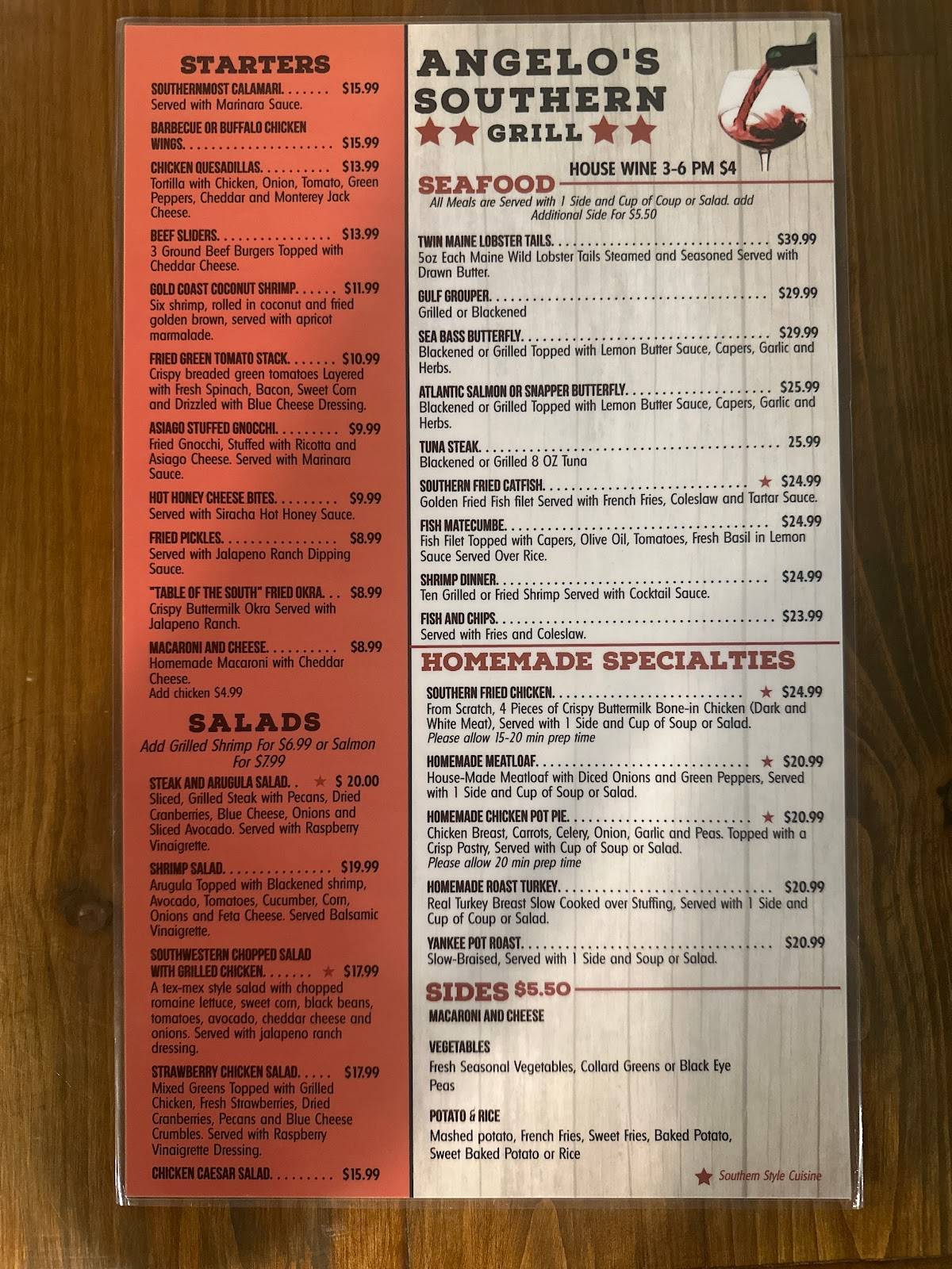 Menu at Angelo's Southern Grill restaurant, Naples
