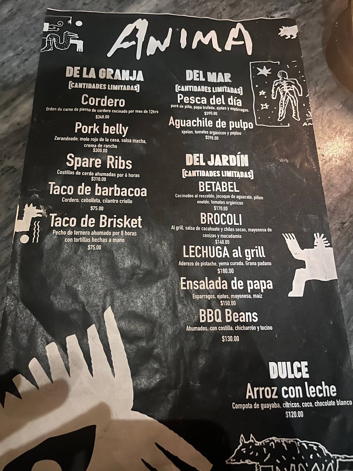 Carta del restaurante Anima, Merida