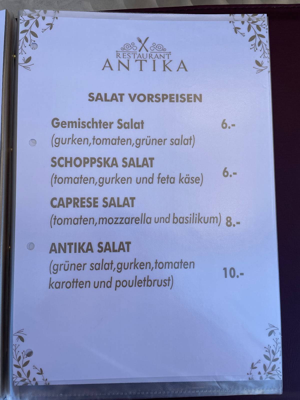 Menu au Restaurant Antika, Unterkulm