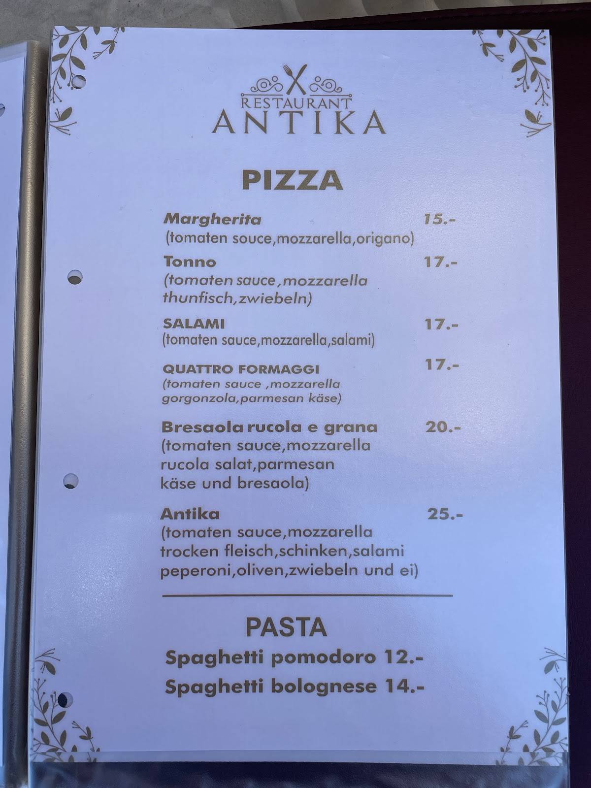 Menu au Restaurant Antika, Unterkulm