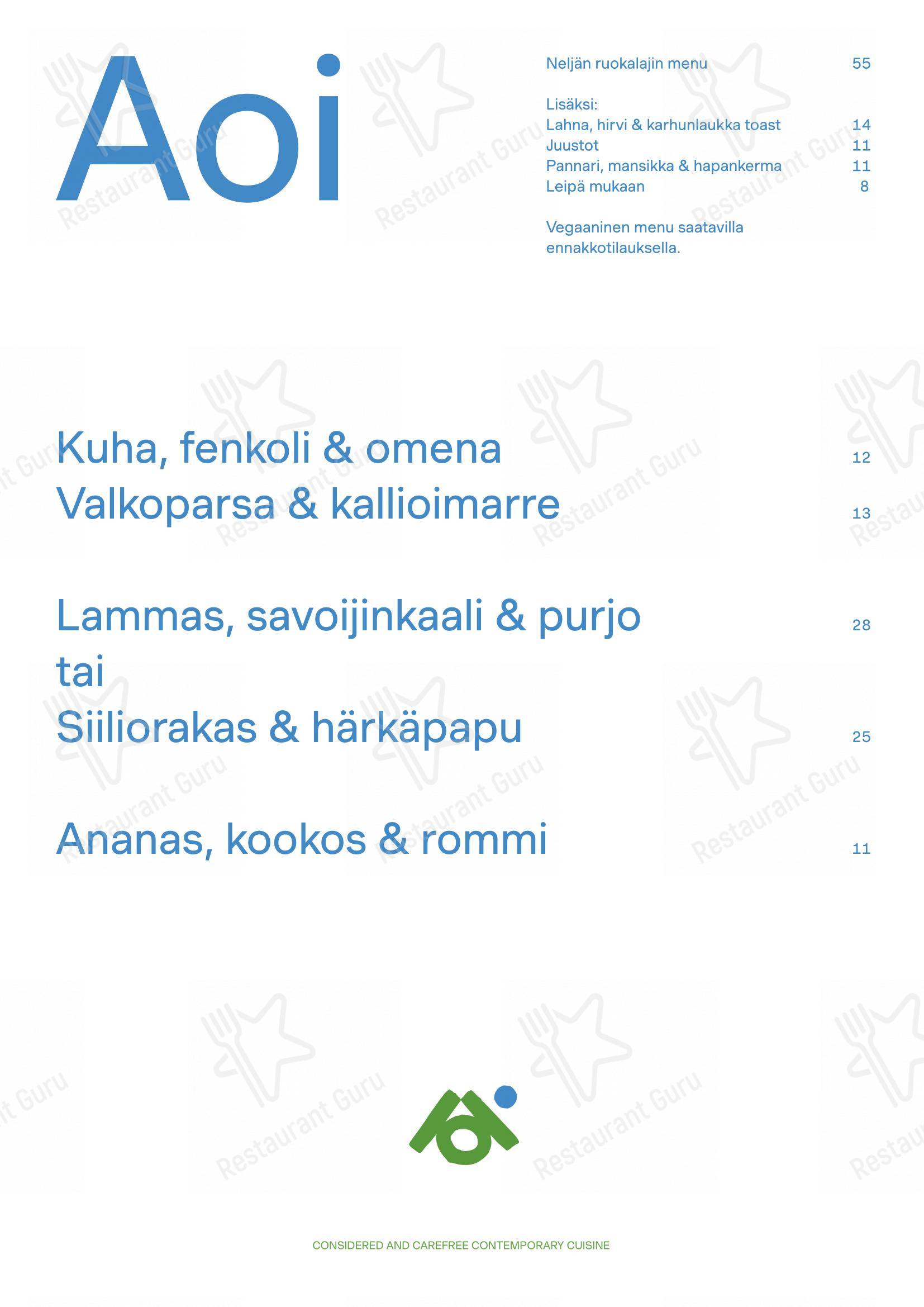 Menu at Restaurant Aoi, Helsinki
