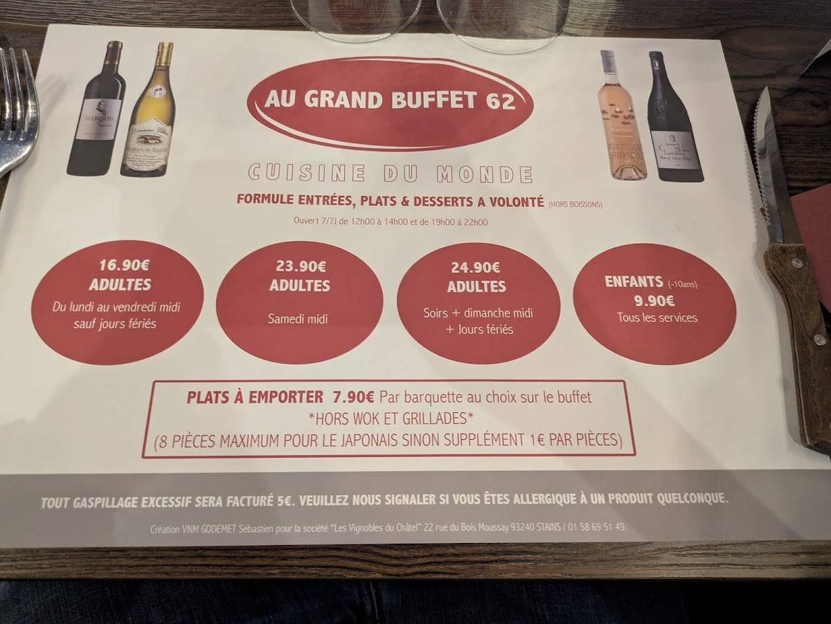 Menu au Au Grand Buffet 62 restaurant, Hénin-Beaumont