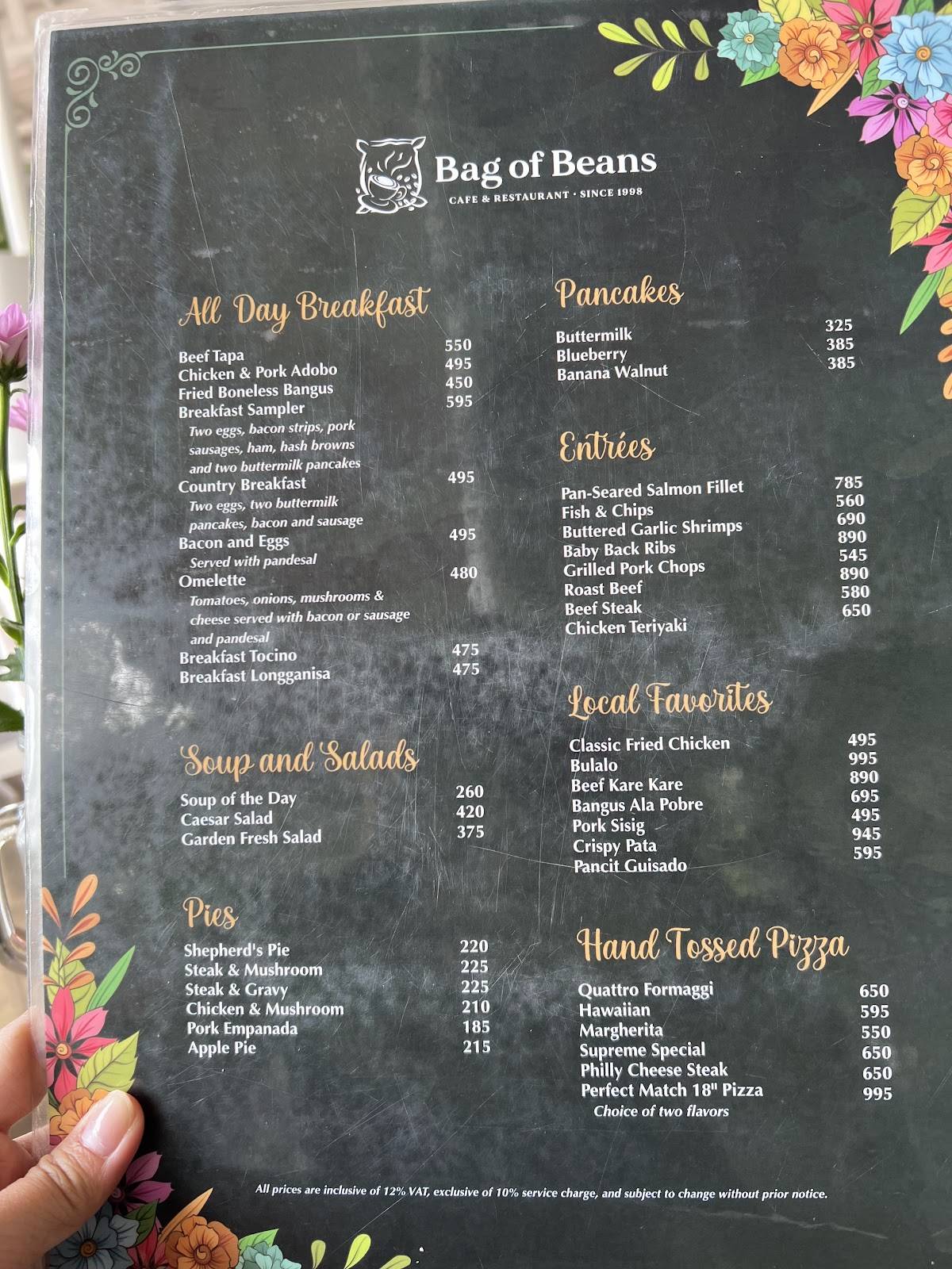 Menu at Bag of Beans Athena Branch restaurant, Tagaytay, Gen. E