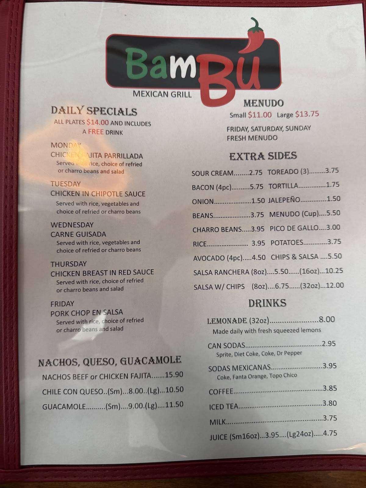 Menu at Bambú Mexican Grill restaurant, Galveston