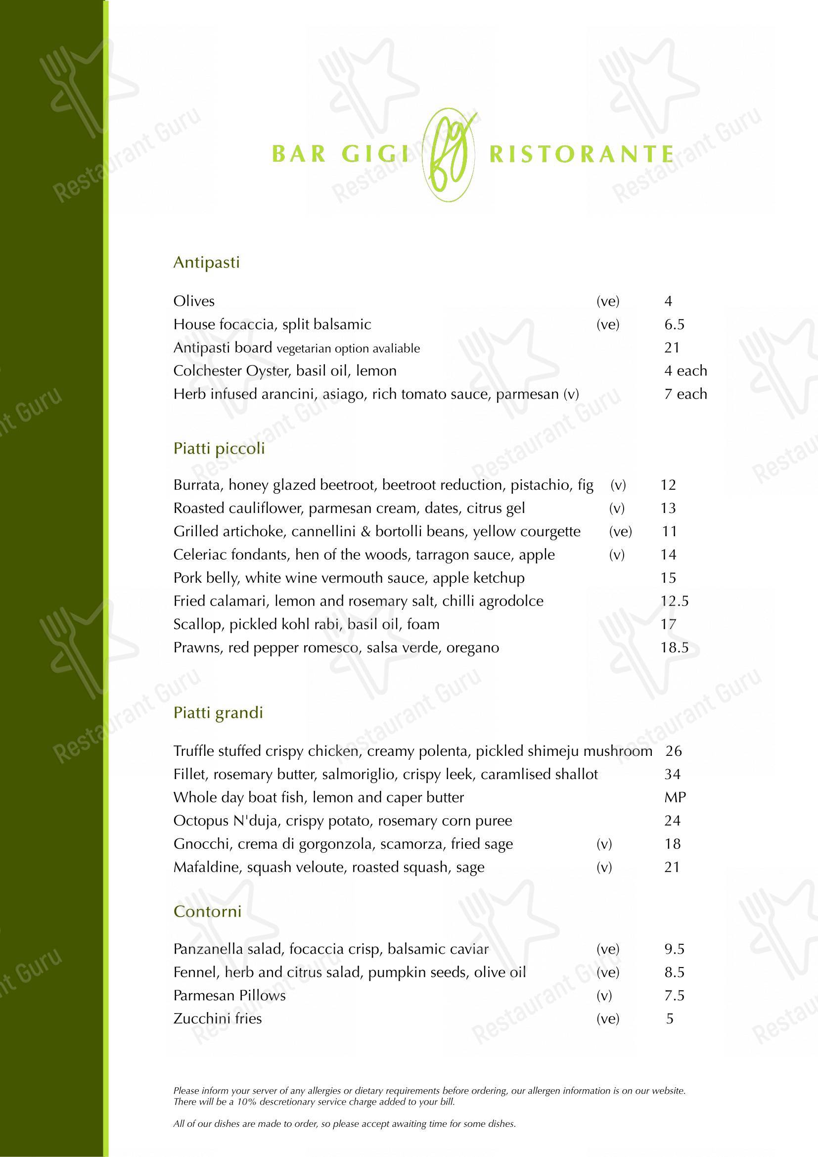 Menu at Restaurant Bar Gigi, Nottingham