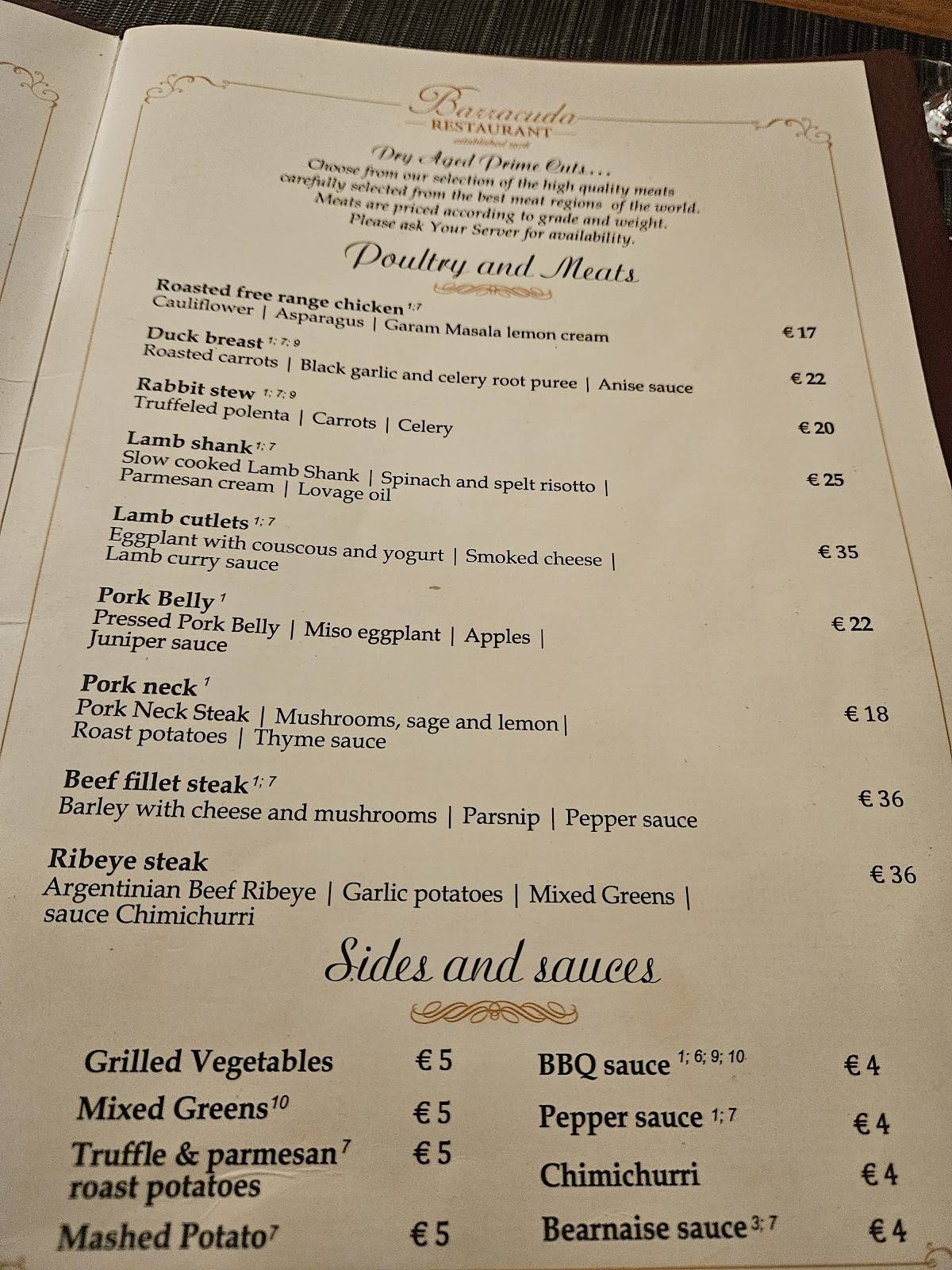 Menu at Barracuda Restaurant, Saint Julian's