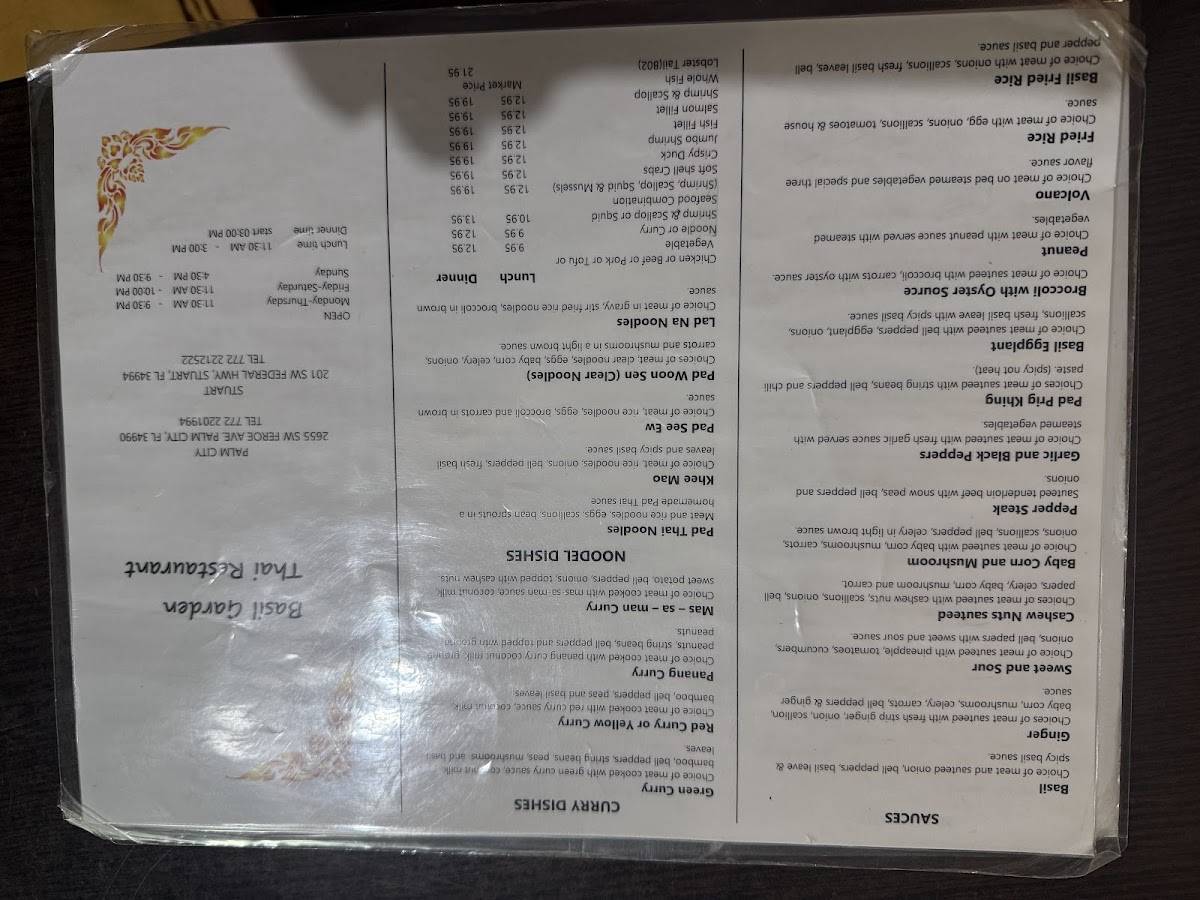 Menu at Basil Garden restaurant, Stuart, 201 SW Federal Hwy