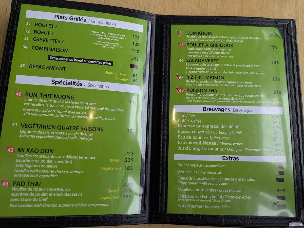 Menu au Basilic Vert restaurant, Laval