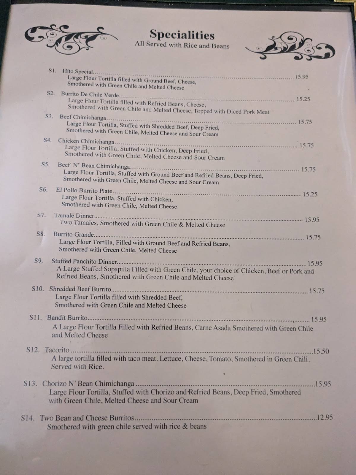 Menu at Bean Bandit Mexican Restaurant, Colorado Springs, 320 N Circle Dr