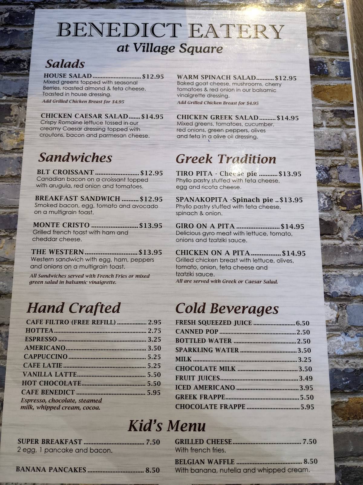 Menu at Benedict Eatery restaurant, Burlington