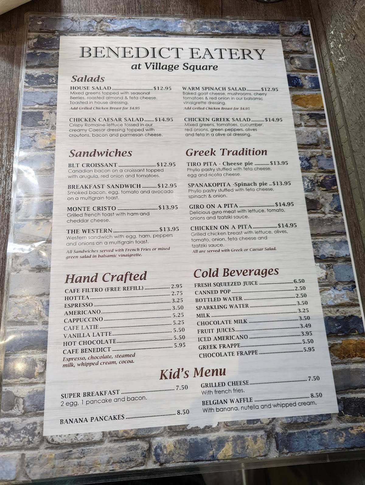 Menu at Benedict Eatery restaurant, Burlington