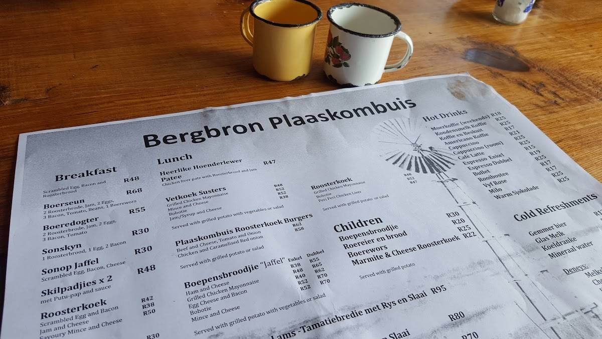 Menu at Bergbron Plaaskombuis en Padstal restaurant, Johannesburg