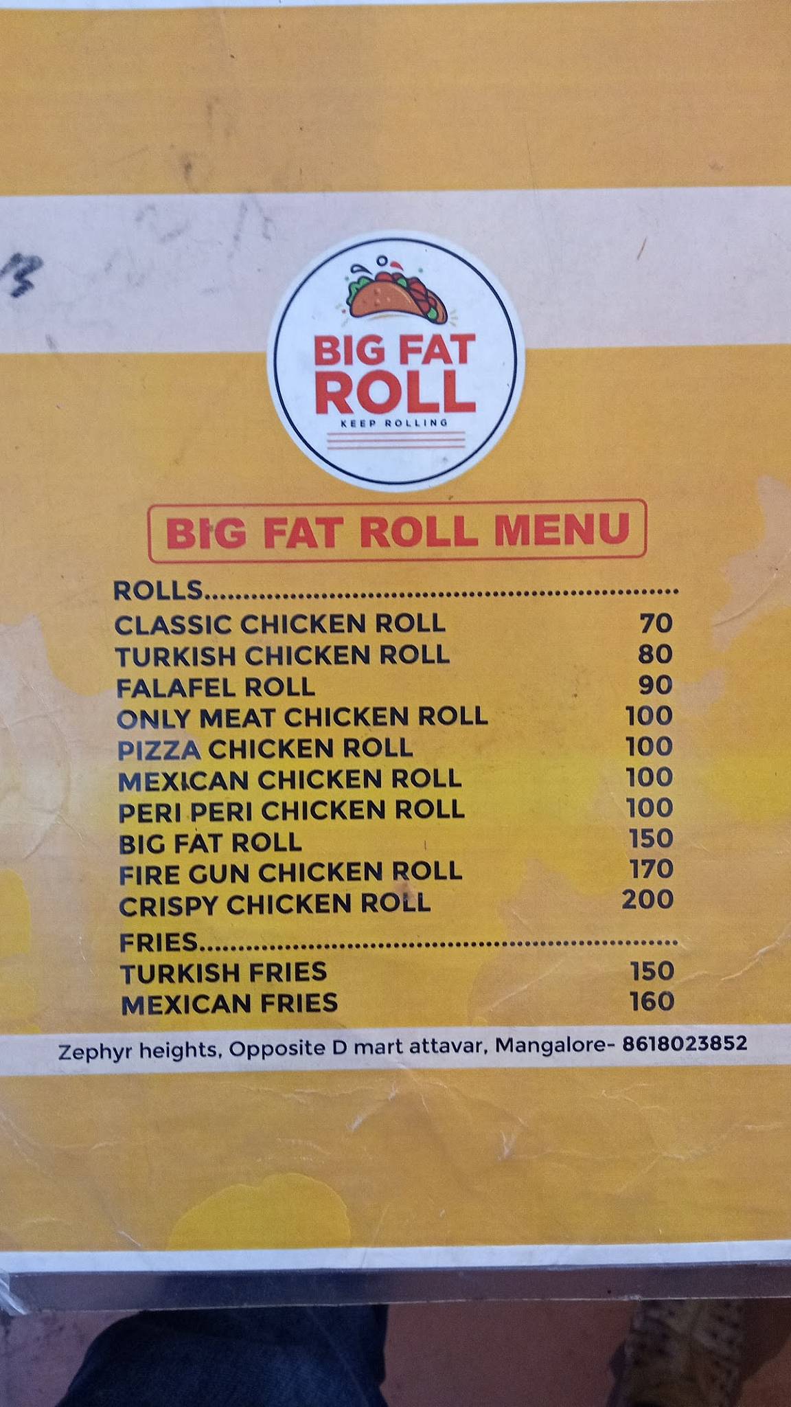 Menu at Big Fat Roll, Mangaluru, Zephyr heights