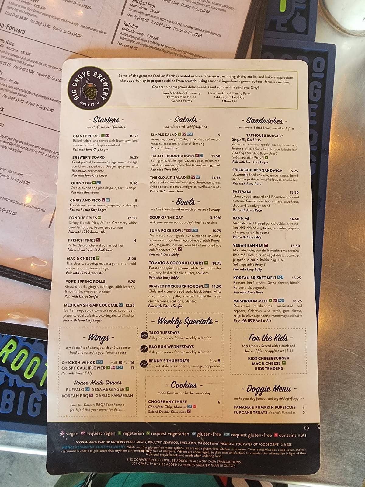 Menu at Big Grove Brewery & Taproom restaurant, Iowa City