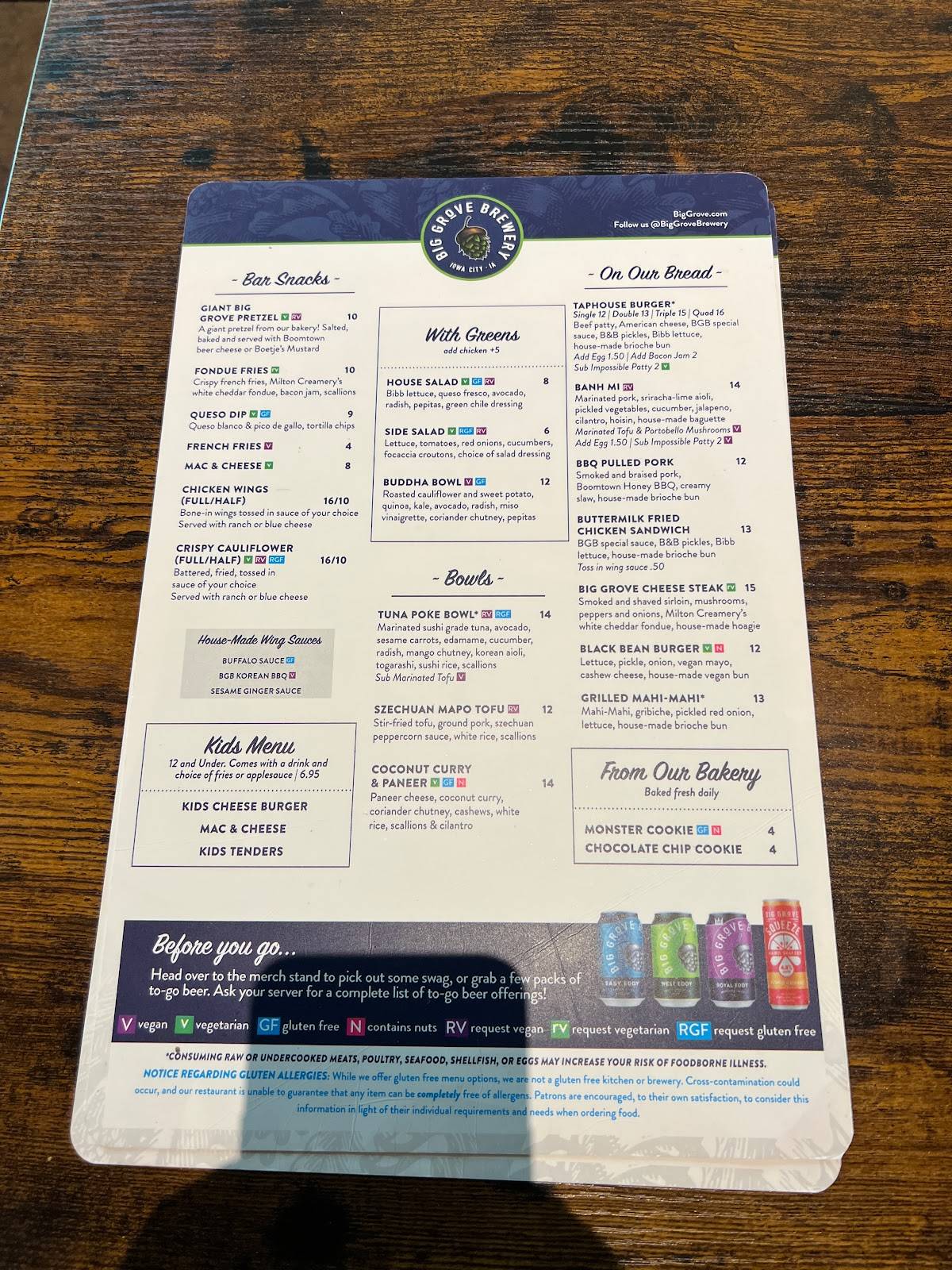 Menu at Big Grove Brewery & Taproom restaurant, Iowa City