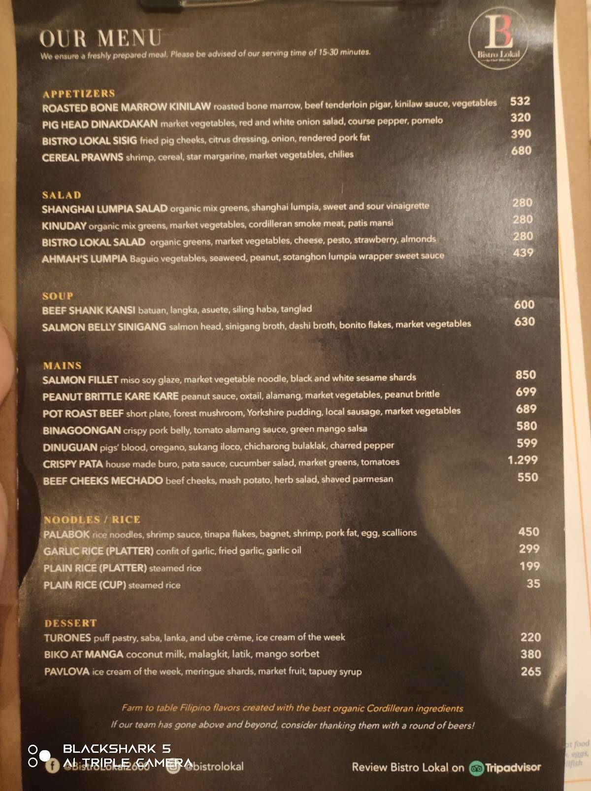 Menu at Bistro Lokal restaurant, Baguio