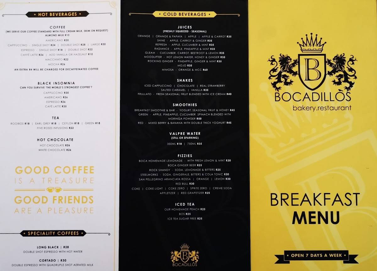 Menu at Bocadillos Restaurant & Bakery, Port Elizabeth, 42 6th Ave