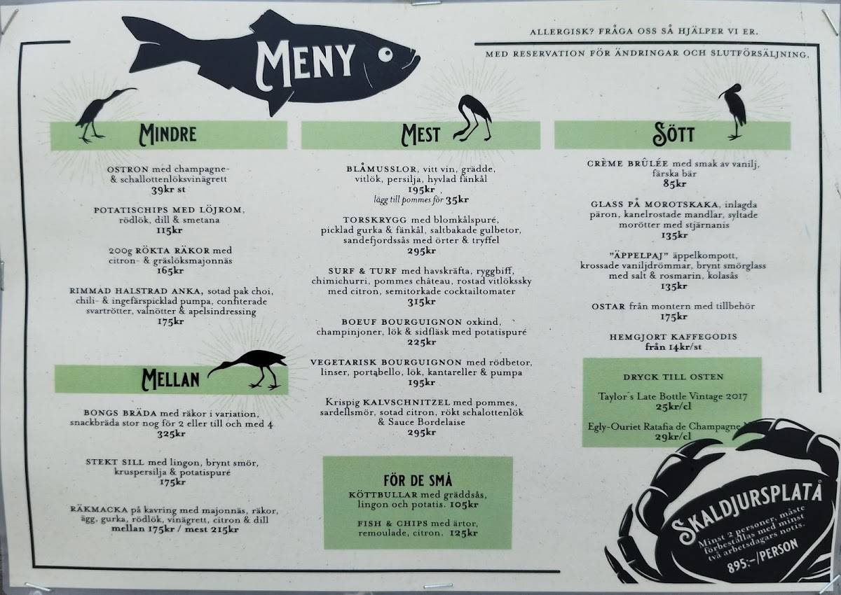 Menu at Bongska Huset restaurant, Sweden