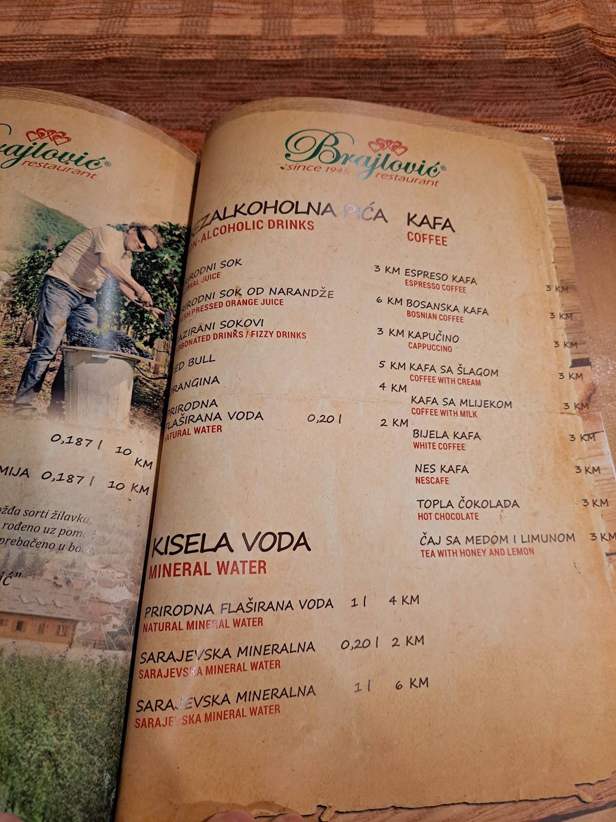 Menu at Brajlović restaurant, Ilidža, Samira Ćatovića Kobre 6