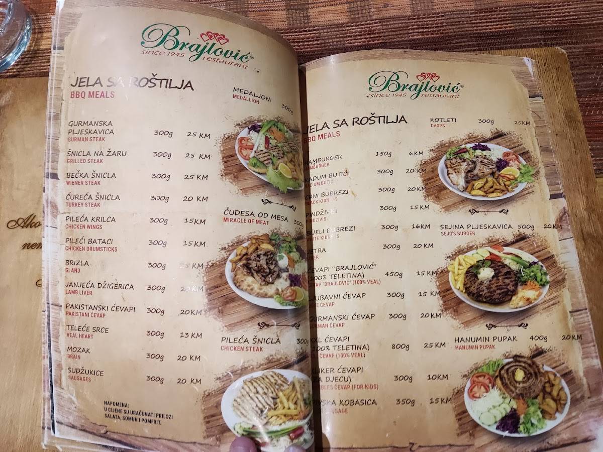 Menu at Brajlović restaurant, Ilidža, Samira Ćatovića Kobre 6