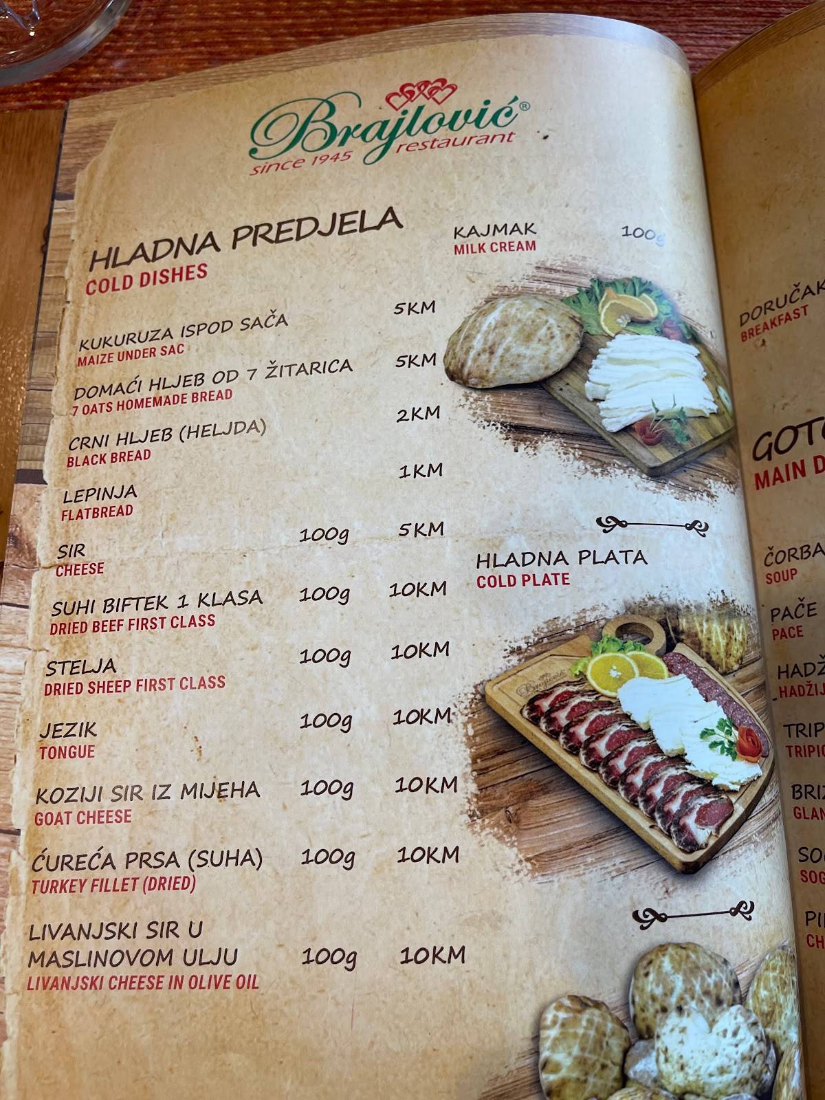 Menu at Brajlović restaurant, Ilidža, Samira Ćatovića Kobre 6