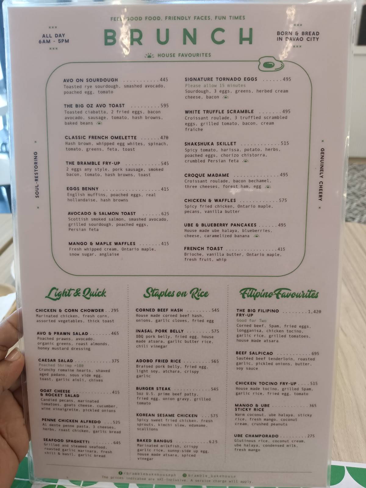 Menu at Bramble cafe, Davao City